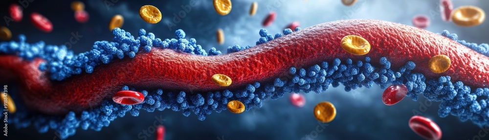 Microscopic view of blood vessels with red and blue cells, illustrating ...