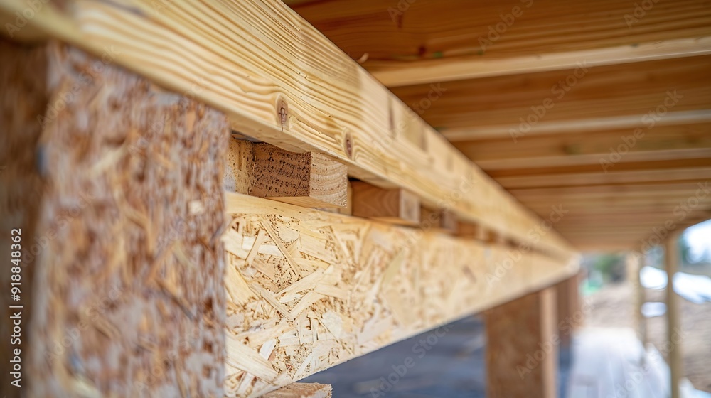 An under construction house has joist framework features plywood gutter ...