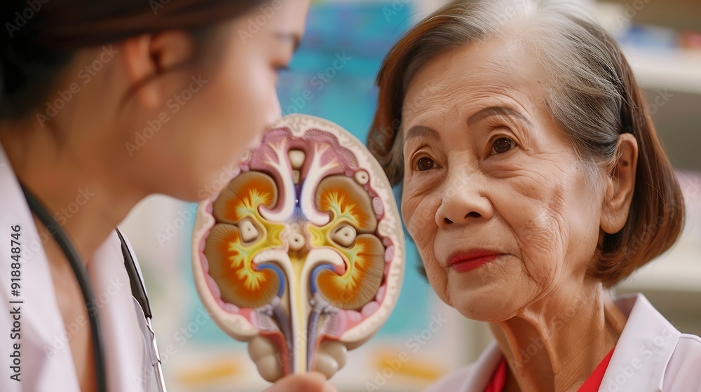 Caucasian woman and elderly Asian woman discuss kidney model issues ...