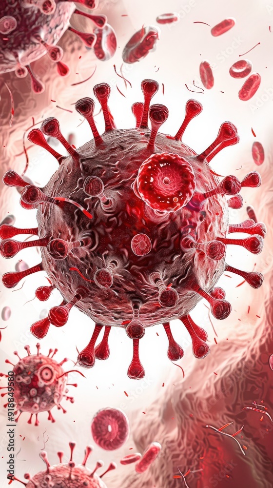 Detailed illustration of a virus structure, highlighting spikes and red ...