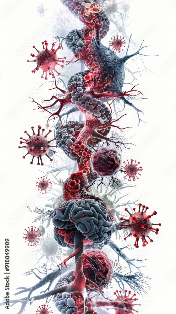 Intricate illustration showing a brain structure intertwined with virus ...