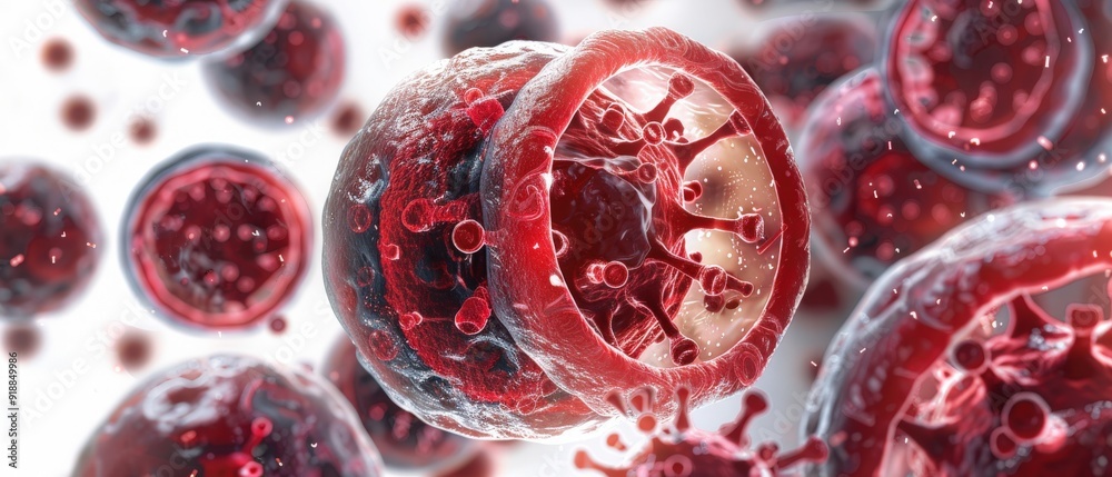 Microscopic view of red blood cells with intricate details highlighting ...