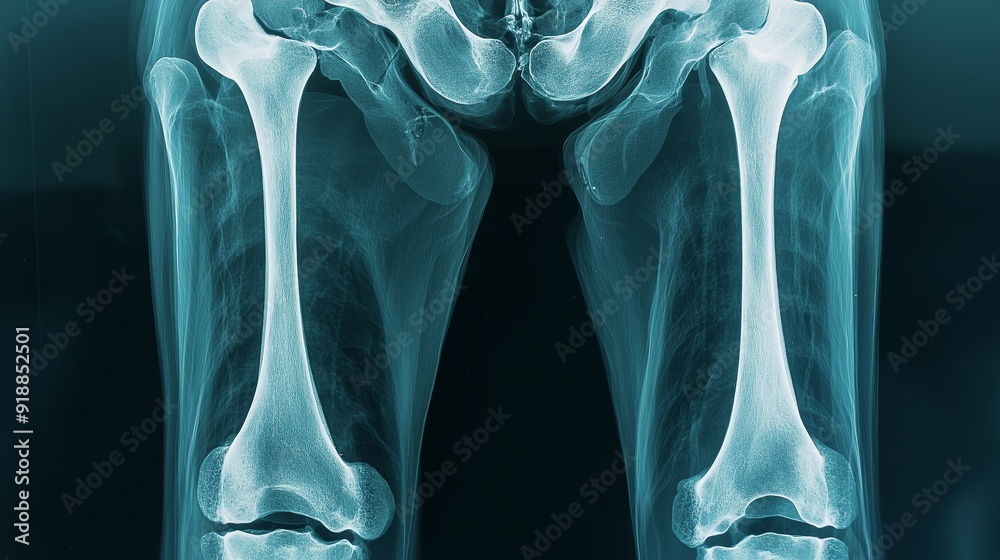 X-ray image of human pelvic bones and hip joints, showcasing skeletal ...