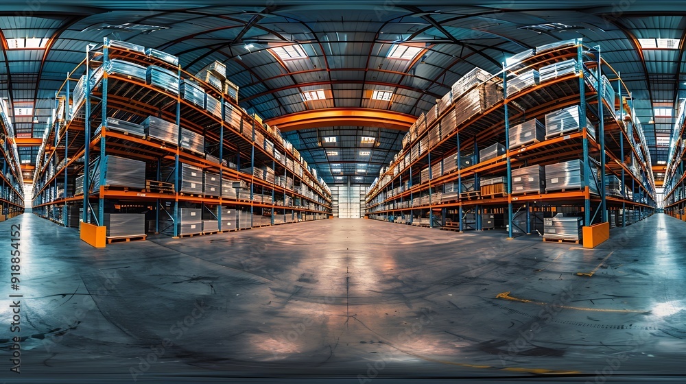 Spherical panorama 360 degree of empty warehouse with metal ...