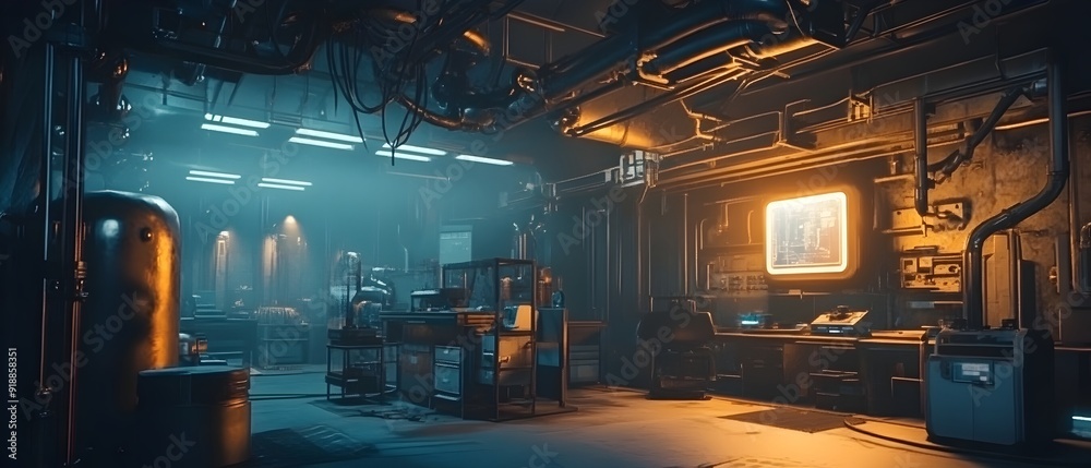 Retro Futuristic Dieselpunk Laboratory with Vintage Analog Equipment ...