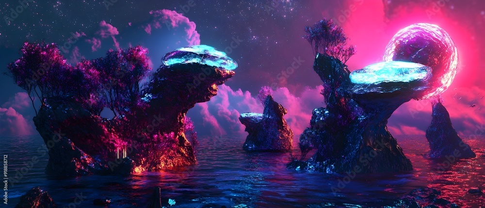 Surreal Seapunk Utopia with Iridescent Floating Islands Shimmering ...
