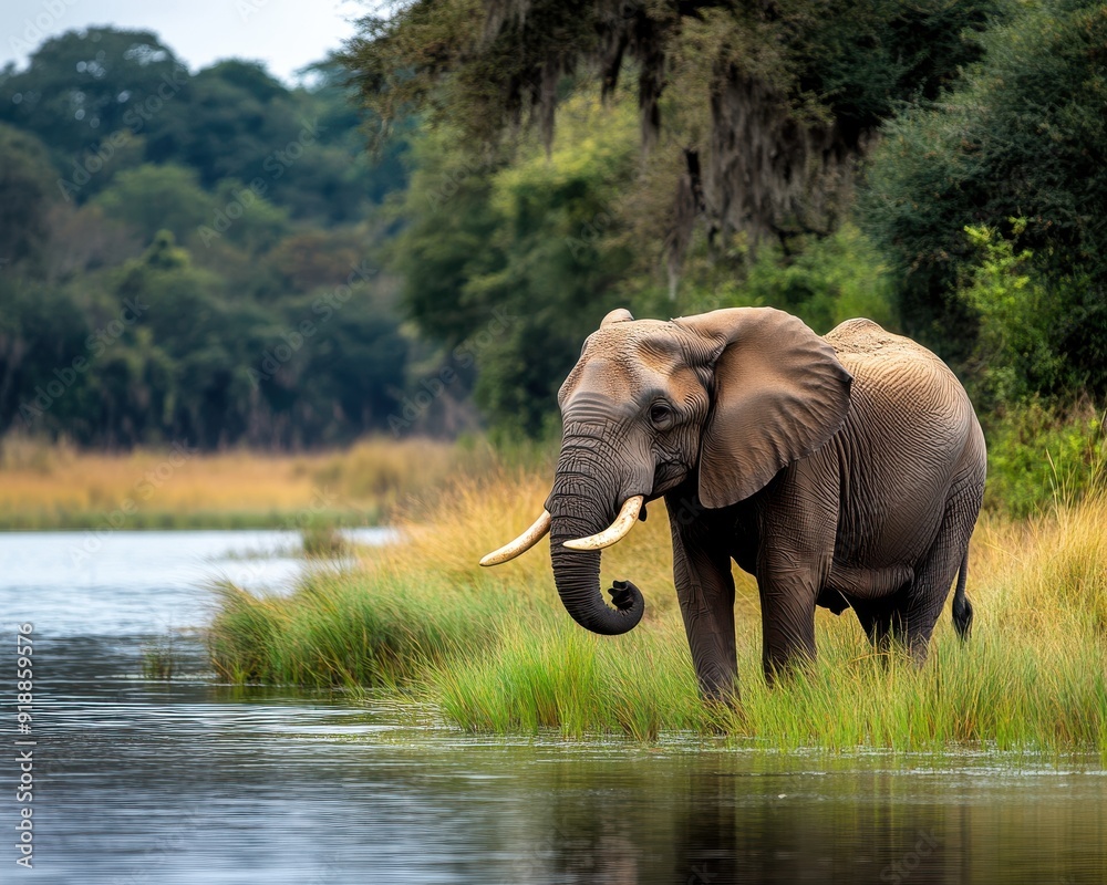 An elephant walking by a riverbank, side view, textured skin detail ...