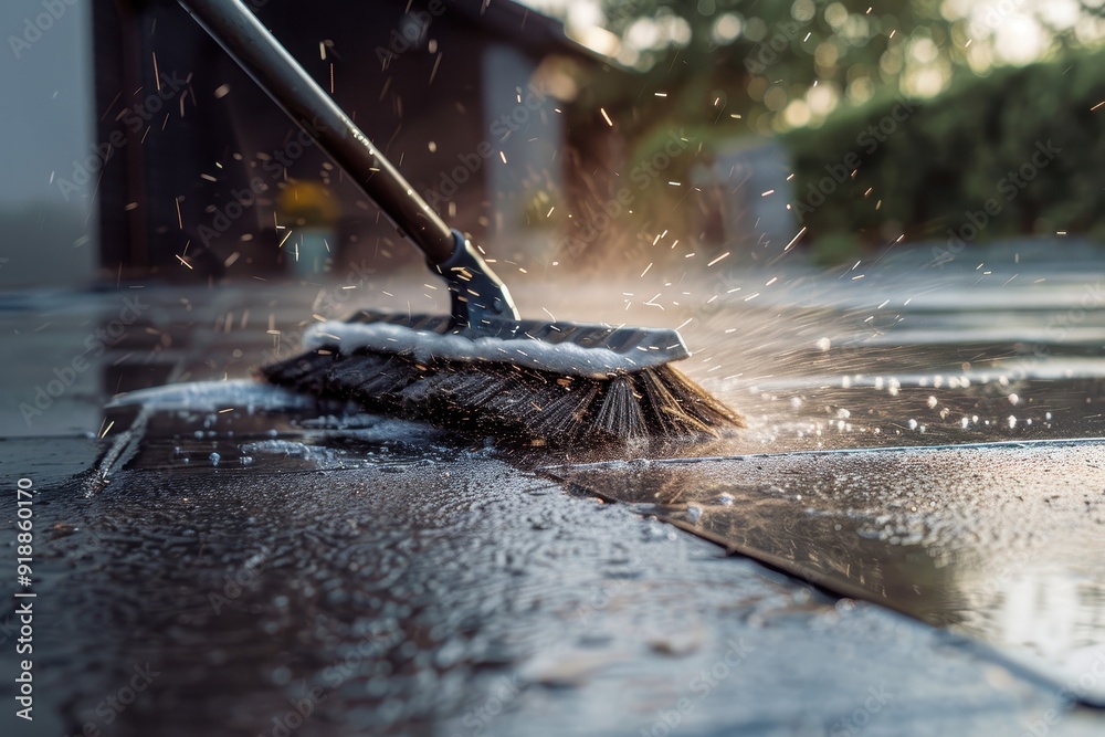 Horizontal close up image of broom scrubbing dark concrete block ...