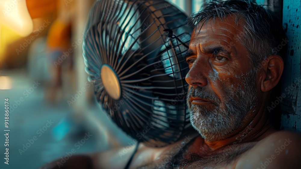 Tired and overheated man suffering from a heat attack uses an electric ...