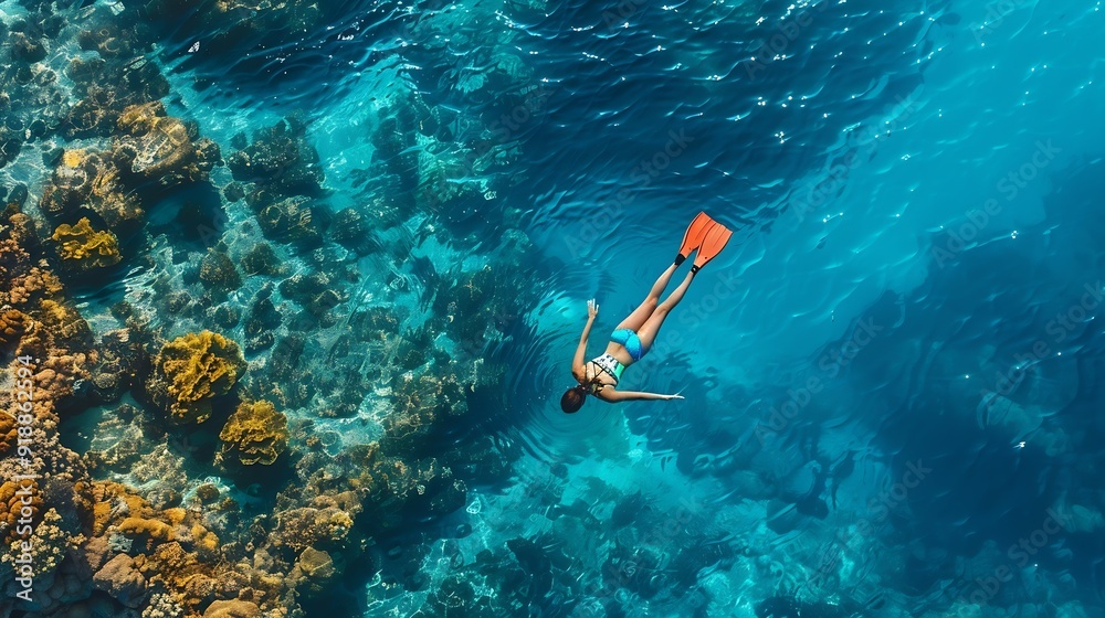 Snorkel woman swimming in the turquoise ocean sea relaxing floating on ...