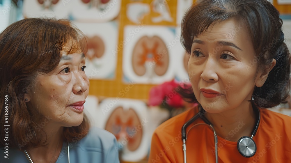 Caucasian woman and elderly Asian woman discuss kidney model issues ...