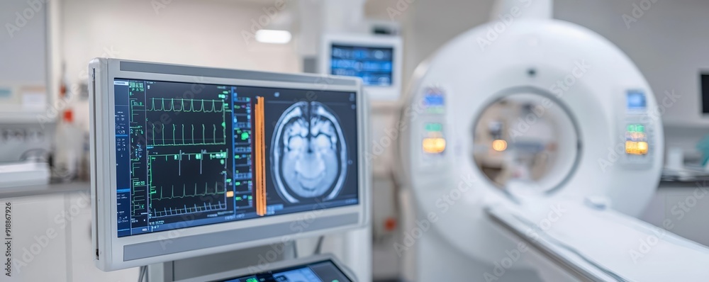 Advanced CT scanner in a sterile, minimalist medical facility ...