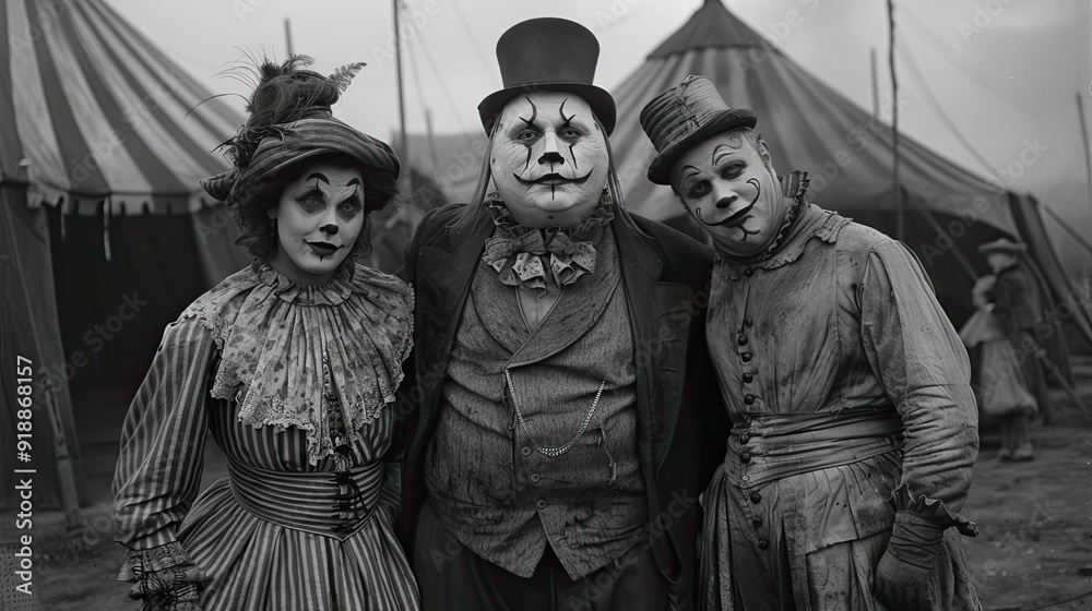 Vintage Halloween circus with performers in 1920s strongman, ringmaster ...