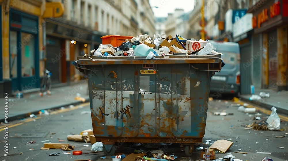 A waste container overflowed A steel industrial with rubbish on the ...