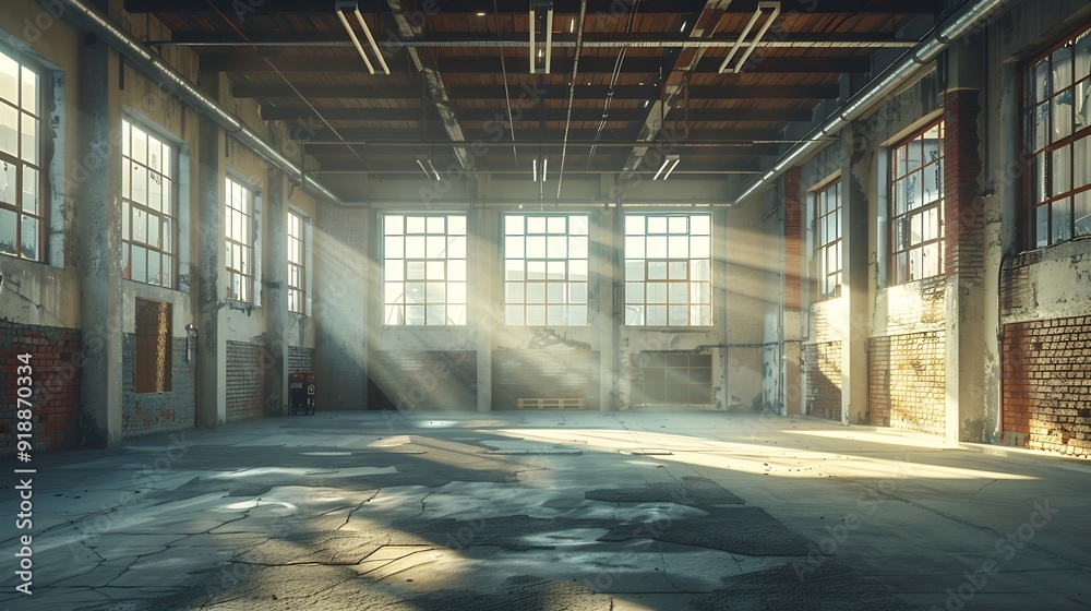 Interior view of an old rundown and abandoned factory building Big ...