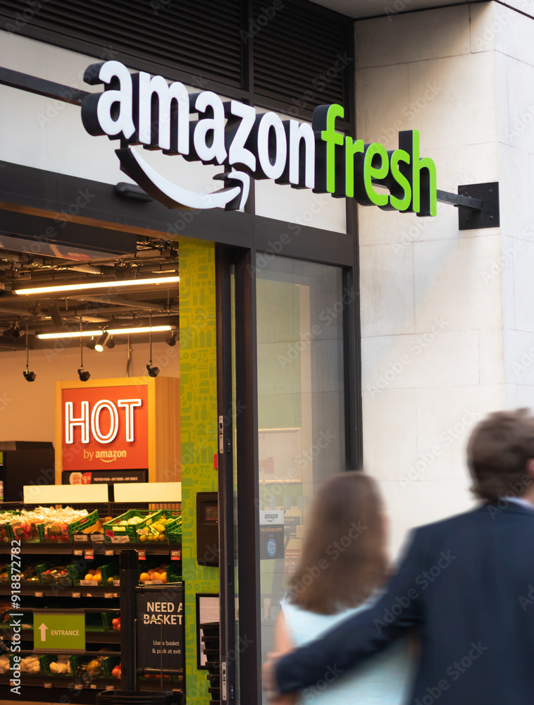 Amazon fresh storefront sign above entrance to Amazon Fresh’s cashier ...