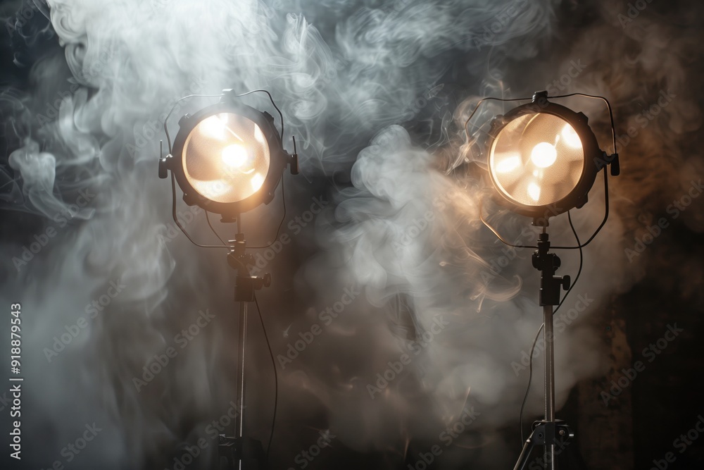 having installed two lighting devices for filming, they stand opposite ...