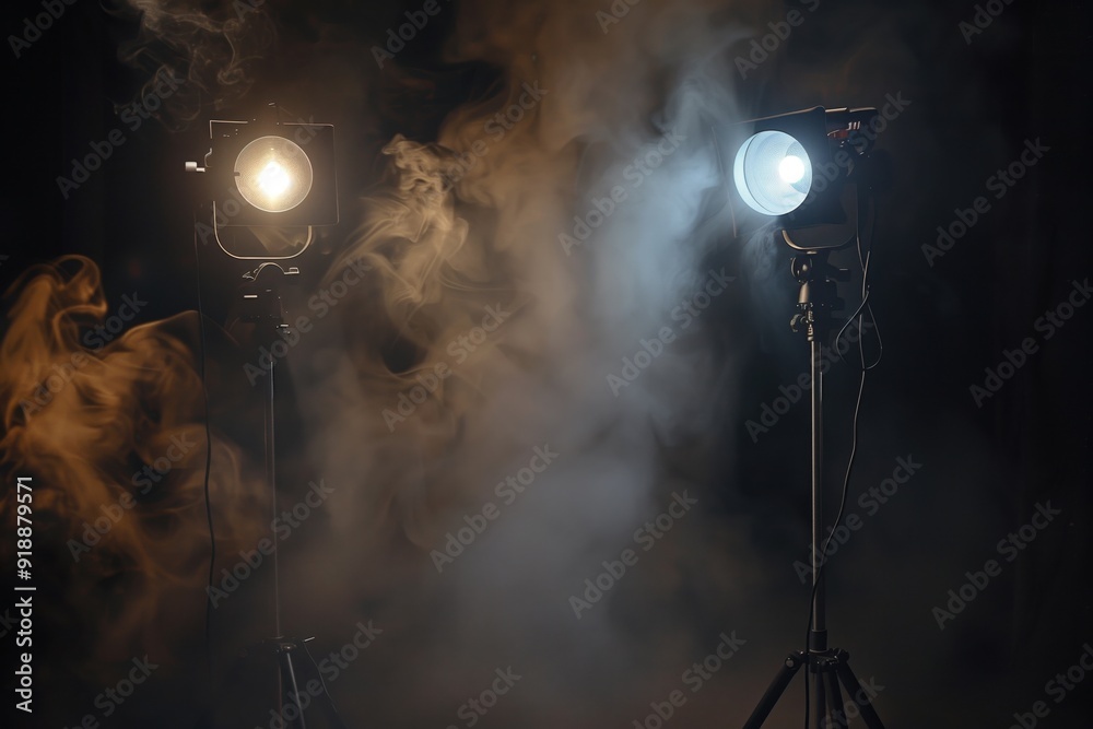 having installed two lighting devices for filming, they stand opposite ...