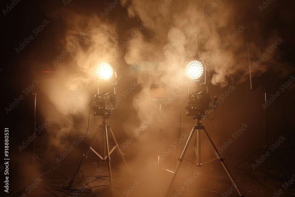 having installed two lighting devices for filming, they stand opposite ...