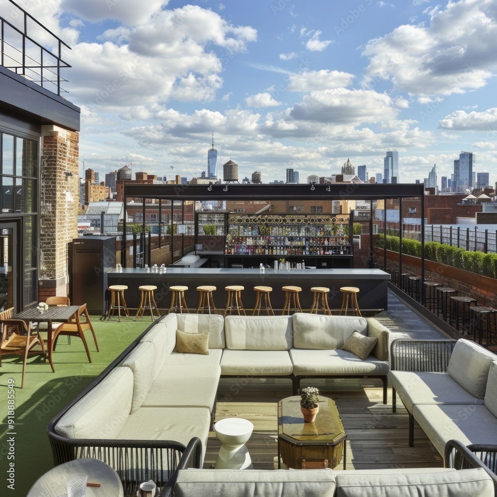 Rooftop bar with cityscape view, comfy seating, and a modern design ...