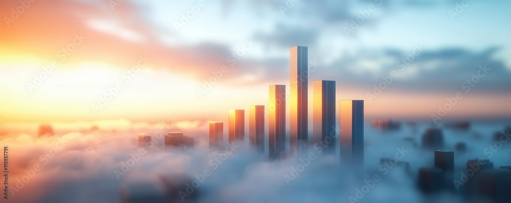 3D graph bars ascending through layers of fog, symbolizing visionary ...