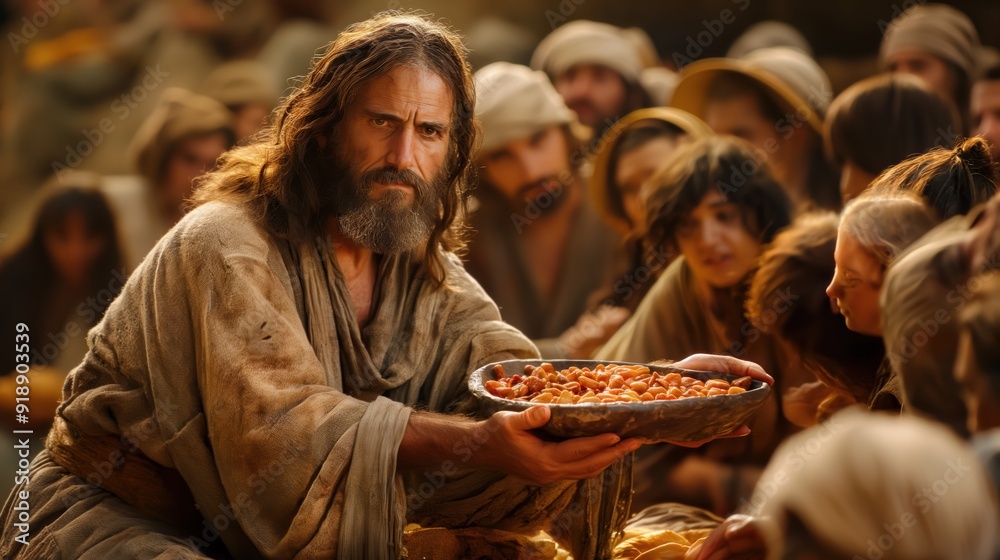 Jesus feeding the five thousand with bread and fish Stock Photo | Adobe ...
