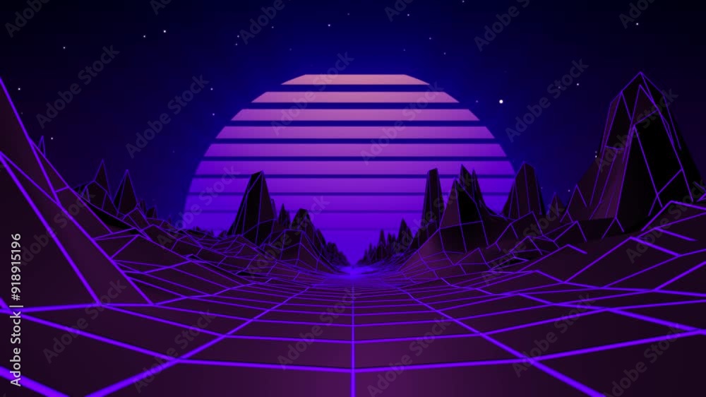 Seamless loop background with retro futuristic landscape in vintage ...