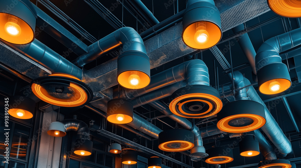 Modern industrial ceiling with exposed ductwork and stylish ...