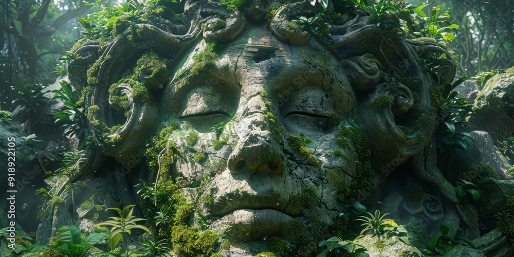 Moss-covered sculpture of a forgotten god hidden deep in a rainforest ...