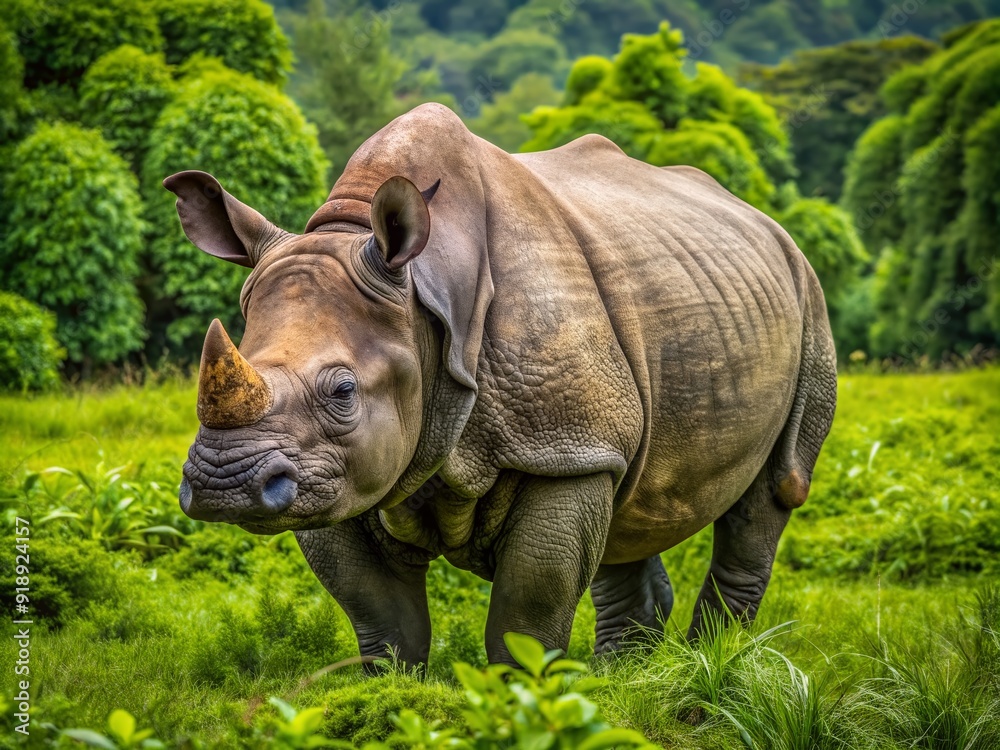 Majestic Javan rhino roams freely in its natural habitat, effortlessly ...