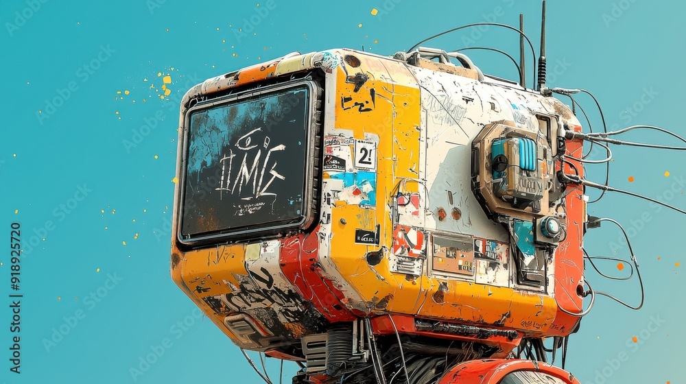 Detailed close-up of a lazy punk robot is face featuring a worn-out ...