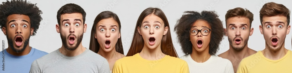 Horizontal shot of people from different races, being emotional ...