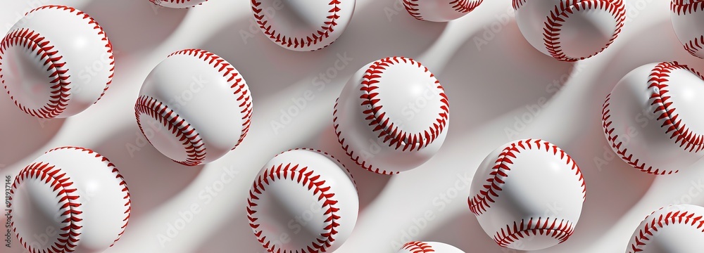 A close up image of multiple baseballs arranged on a white background ...