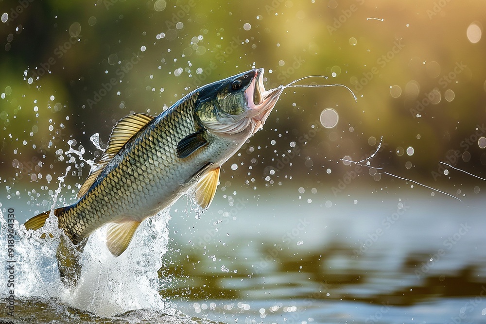 A fish leaps from the water, creating a splash of water droplets. Stock ...