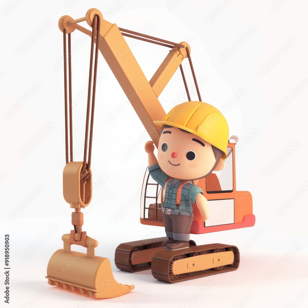 Cute crane operator character in a car in 3D style on a white ...