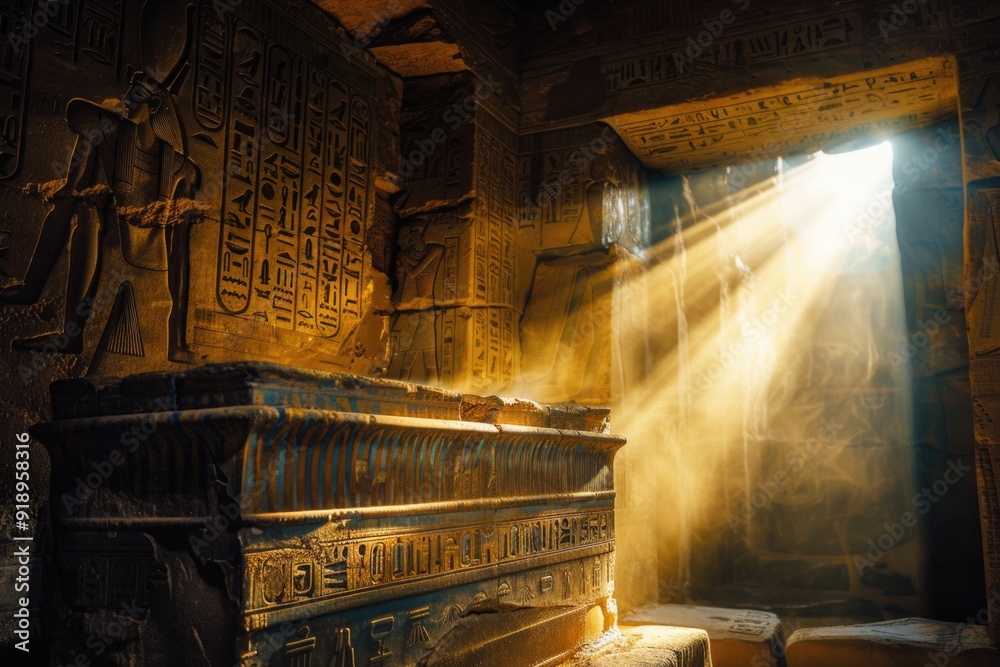 Sunlight enters ancient Egyptian temple through a window, simple and ...