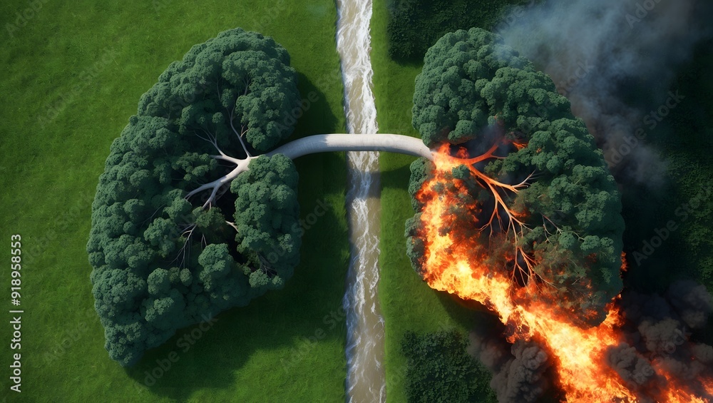 Aerial top view forest tree of ecological disaster of fires. Lungs from ...