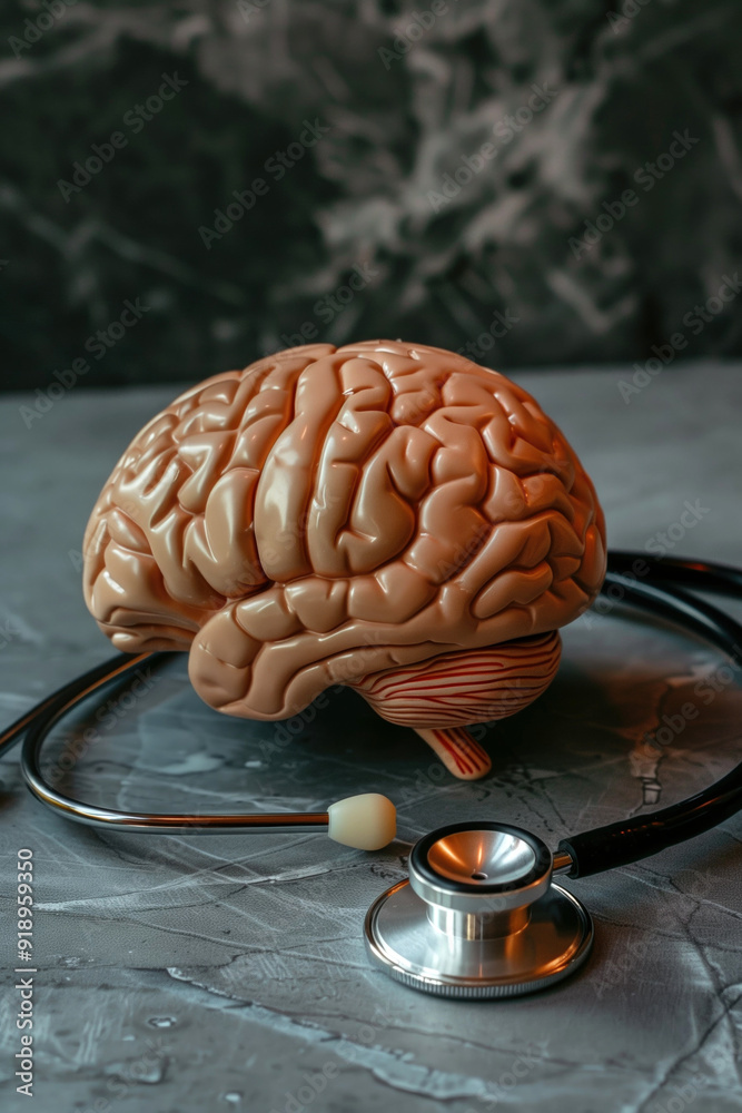 Human brain model with stethoscope on marble surface, showcasing ...