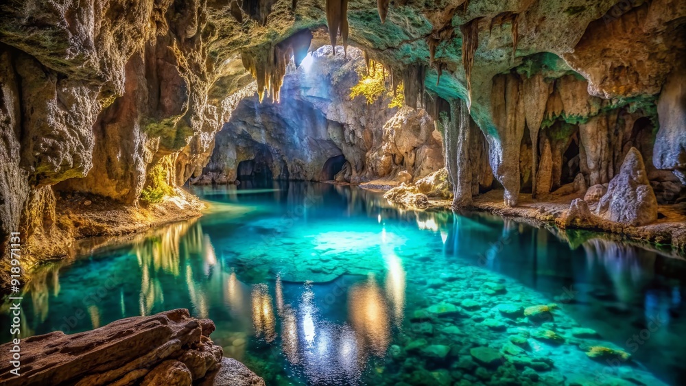 Dimly lit passageway of ancient limestone cave system reveals ...