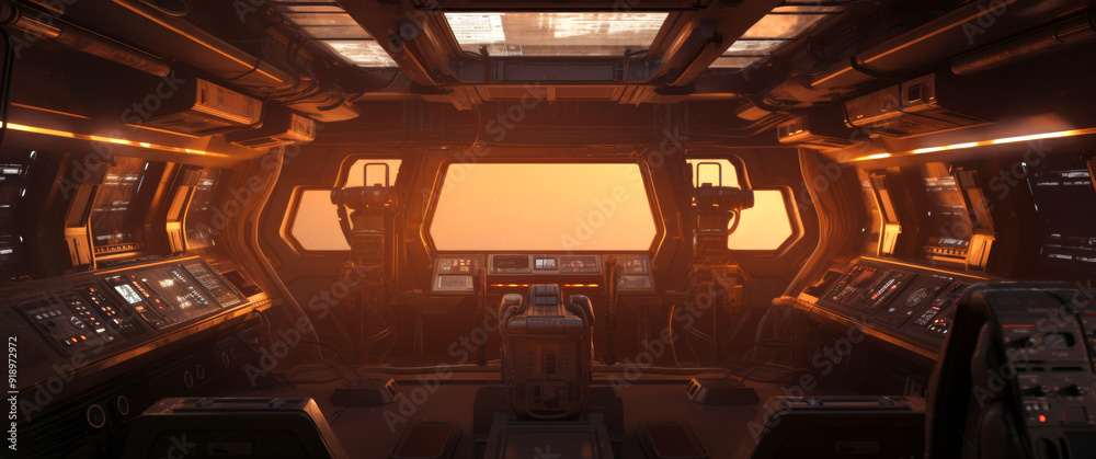 Futuristic wide empty cockpit with a main center seat of a sci-fi ...