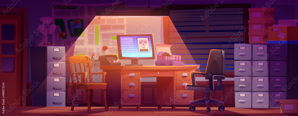 Detective office interior at night. Vector cartoon illustration of dark ...