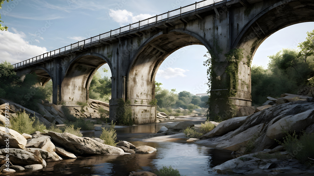 A deteriorated railway bridge spanning across a desiccated riverbed ...