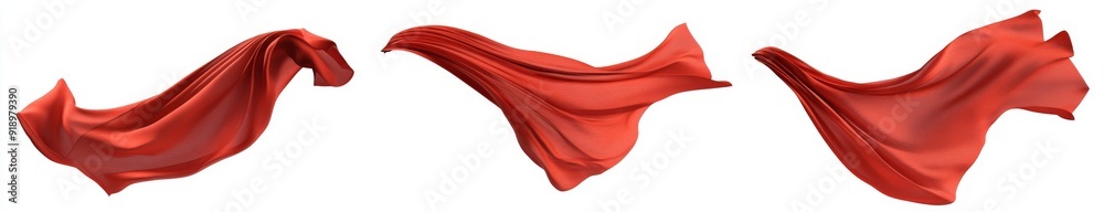 On a transparent background, red drapery fabric cloths fly in three ...