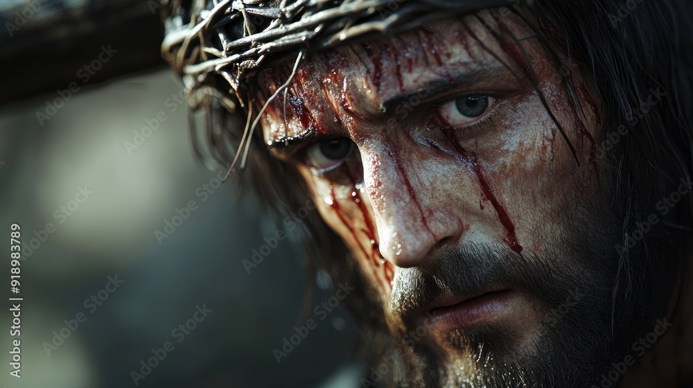 A close-up 3D render of Jesus face on the cross capturing the anguish ...