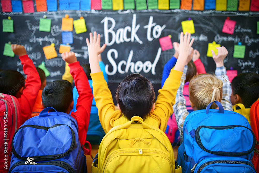 Children in a classroom from the back on their first day of school ...