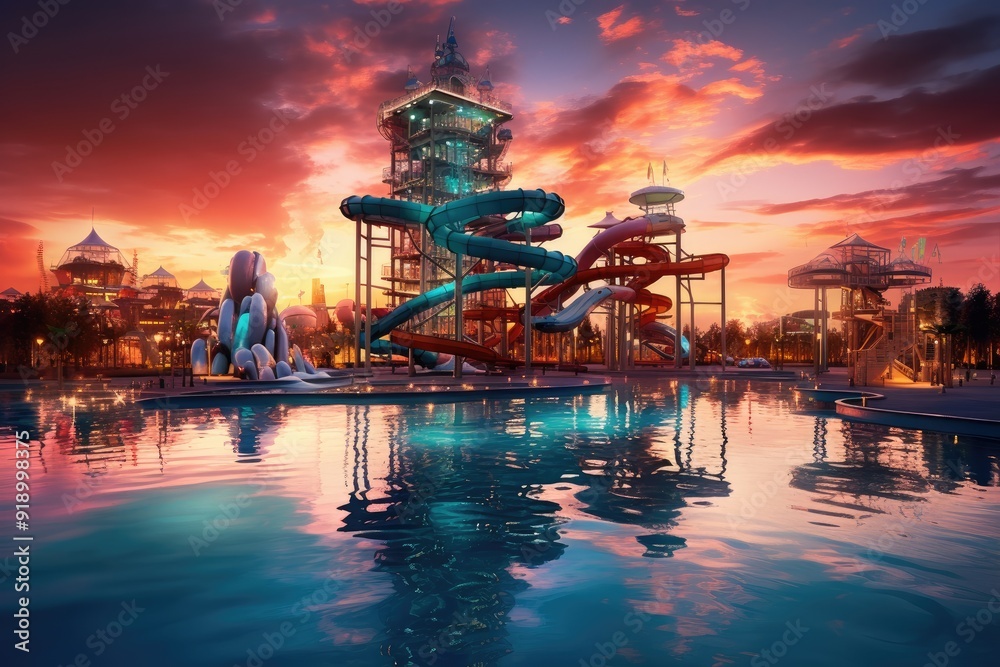 Twilight Splash: Capture the water park during the transition from day ...