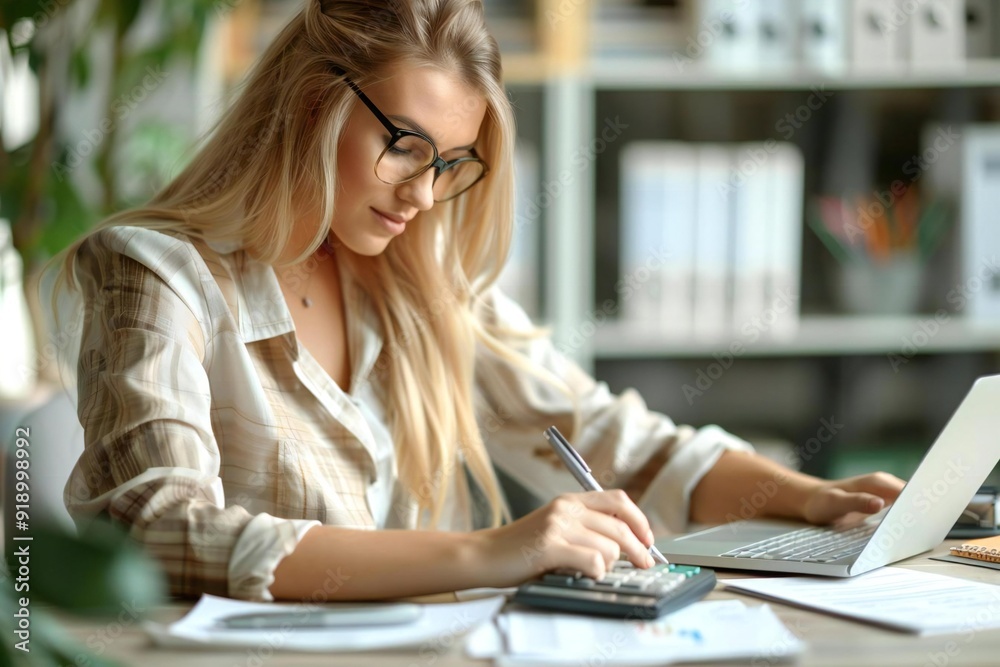 Beautiful businesswoman calculating tax at desk in office with ...