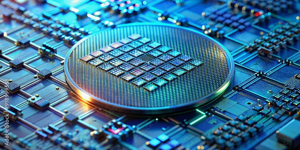 Microscopic view of intricate silicon wafer with complex circuitry ...