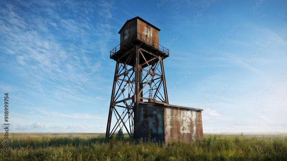 An ancient water tower with a rusted metal tank and a worn wooden ...