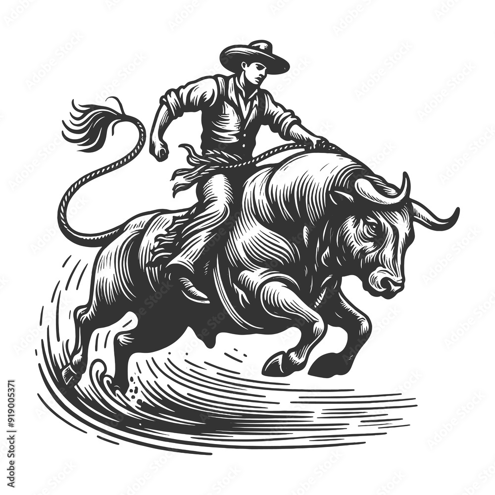 thrilling action of a rodeo cowboy expertly riding a bucking bull ...